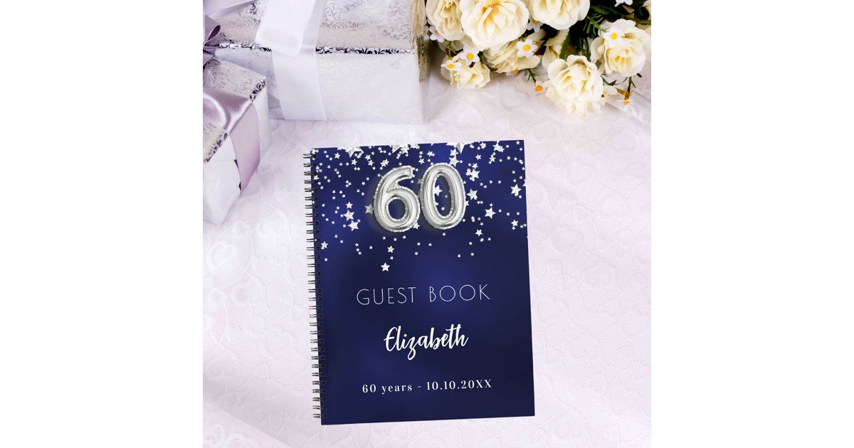 Guest book 60th birthday navy blue silver stars | Zazzle