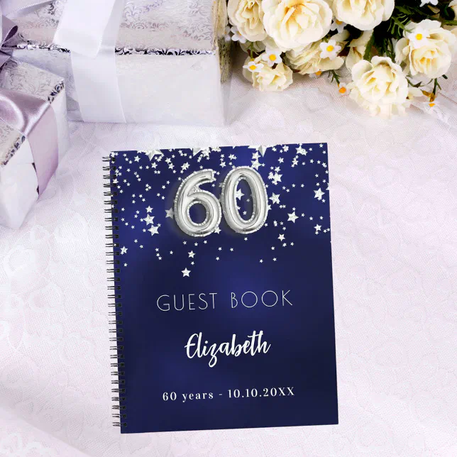 Guest book 60th birthday navy blue silver stars | Zazzle