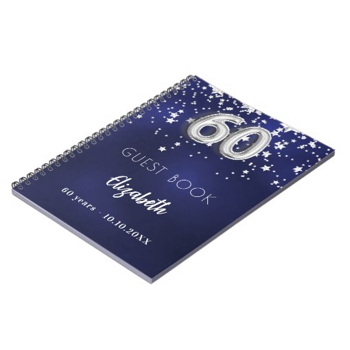 Guest book 60th birthday navy blue silver stars | Zazzle
