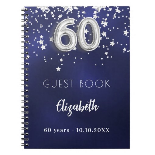 Guest book 60th birthday navy blue silver stars | Zazzle