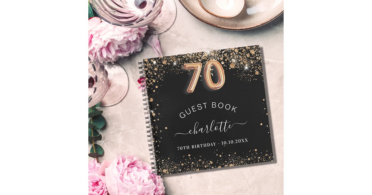 Guest book 70th birthday black gold glitter name | Zazzle