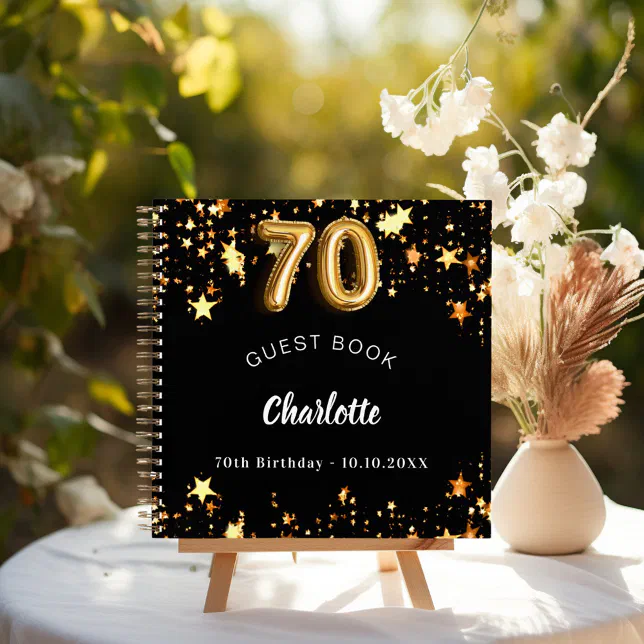Guest book 70th birthday black gold stars | Zazzle