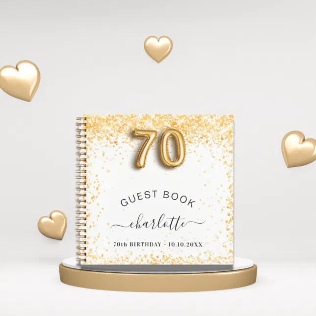 Guest book 70th birthday white gold glitter | Zazzle
