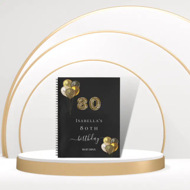 Guest book 80th birthday black gold leopard print | Zazzle