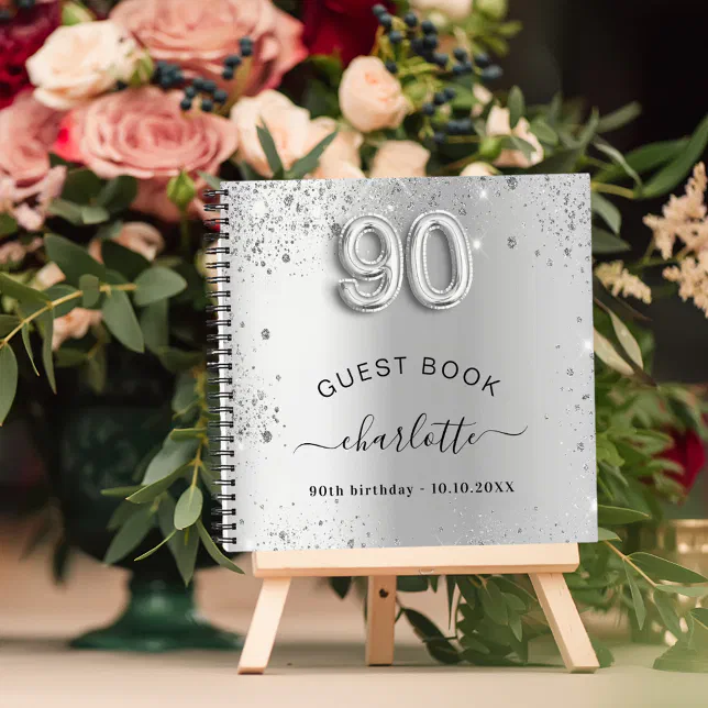 Guest book 90th birthday silver glitter name glam | Zazzle