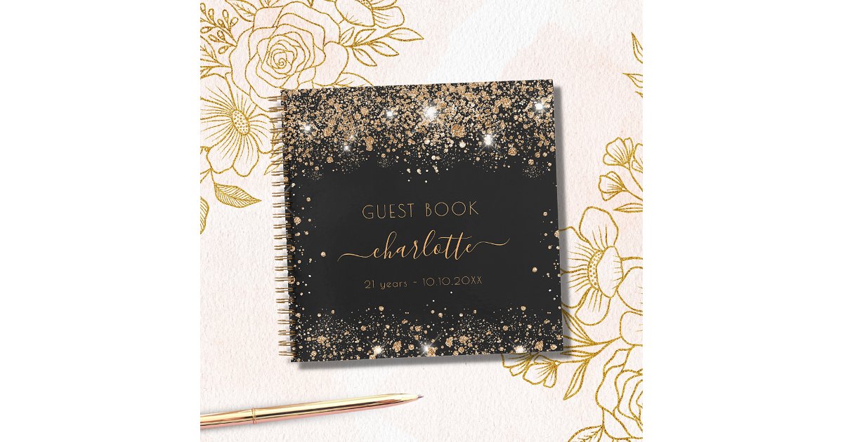 Guest book birthday black gold glitter name script | Zazzle