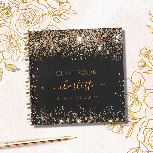 Guest book birthday black gold glitter name script | Zazzle