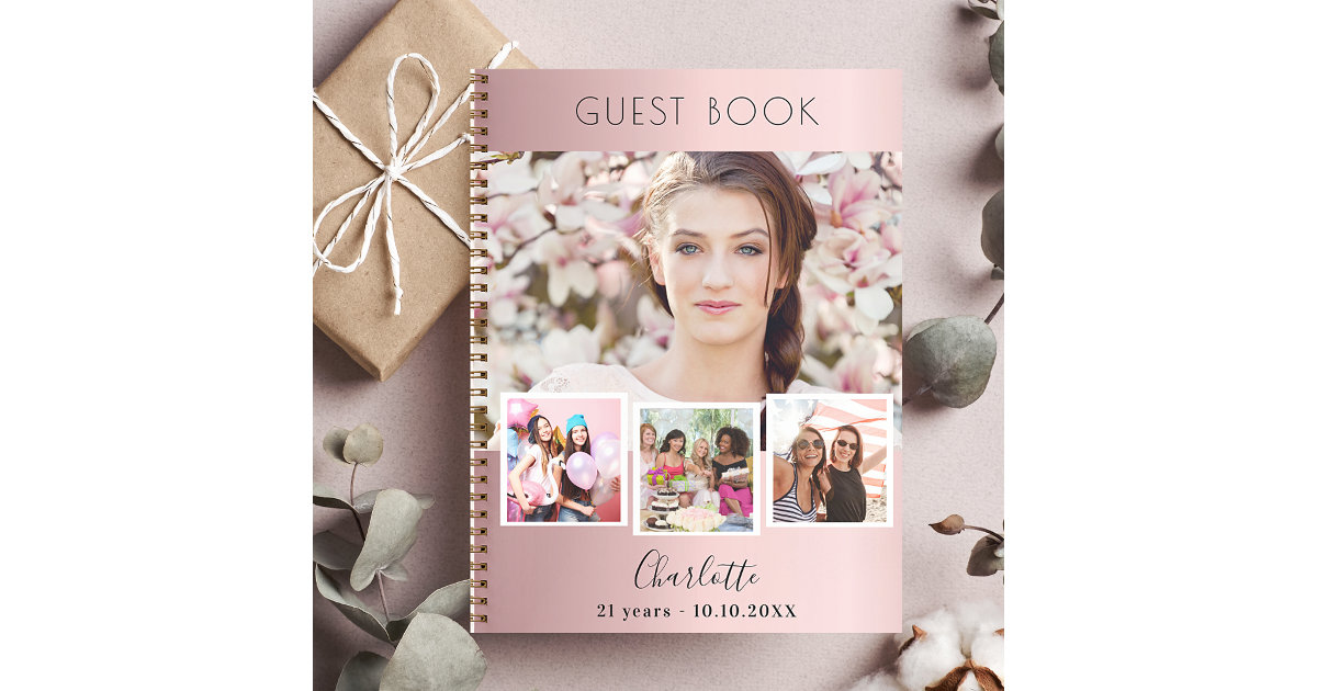 Guest book birthday blush pink photo collage | Zazzle