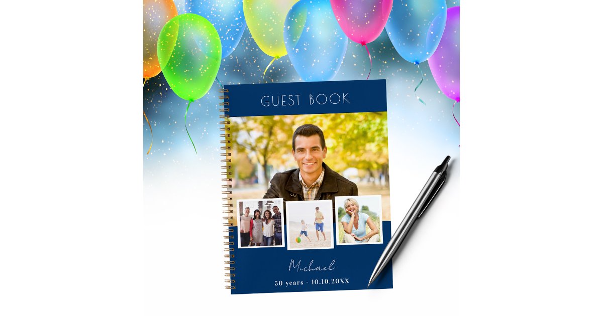 Guest book birthday navy blue photo collage | Zazzle