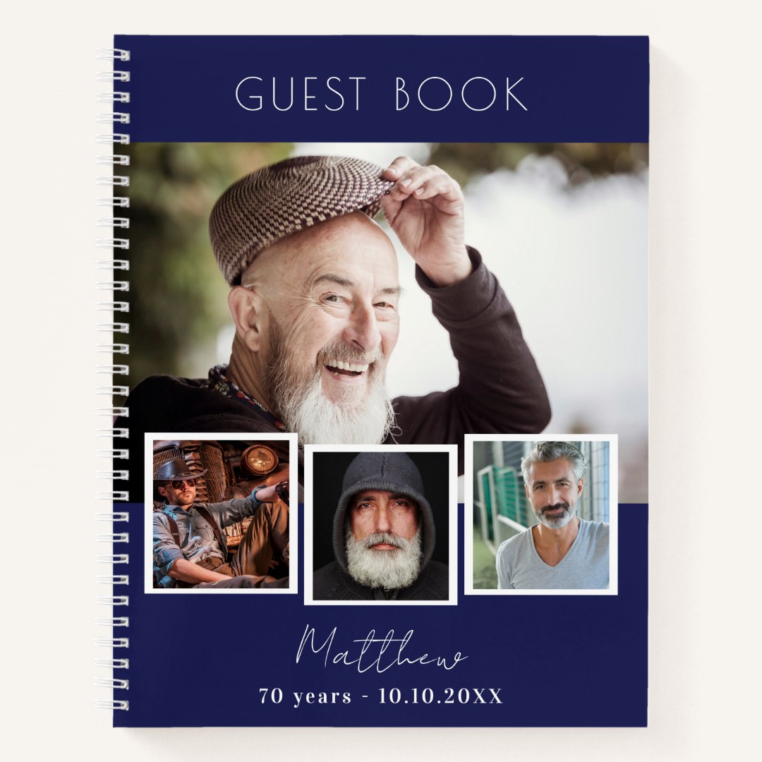 Guest book birthday navy blue white photo collage | Zazzle