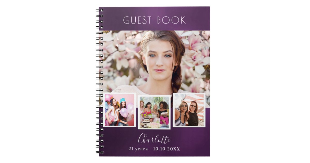 Guest book birthday purple photo collage | Zazzle