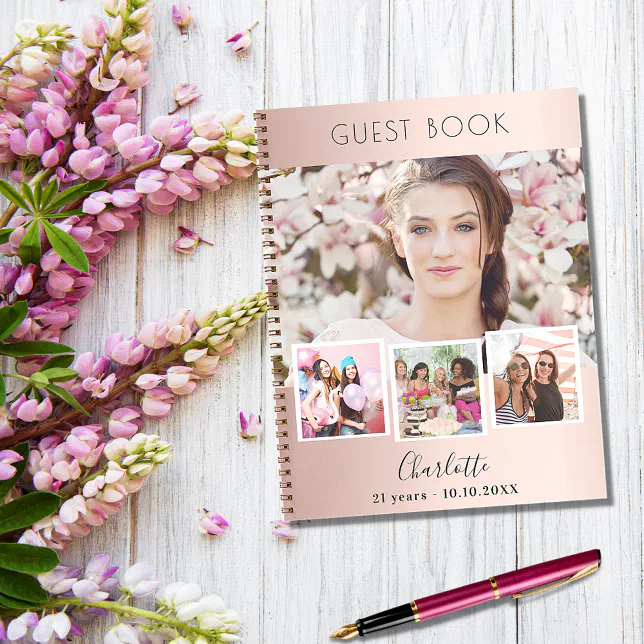 Guest book birthday rose gold photo collage | Zazzle