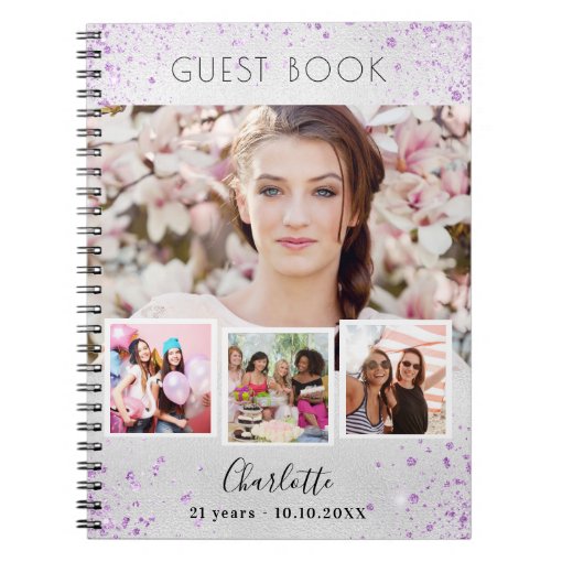 Guest book birthday silver violet photo collage | Zazzle