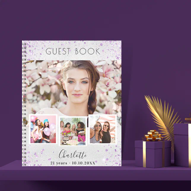 Guest book birthday silver violet photo collage | Zazzle