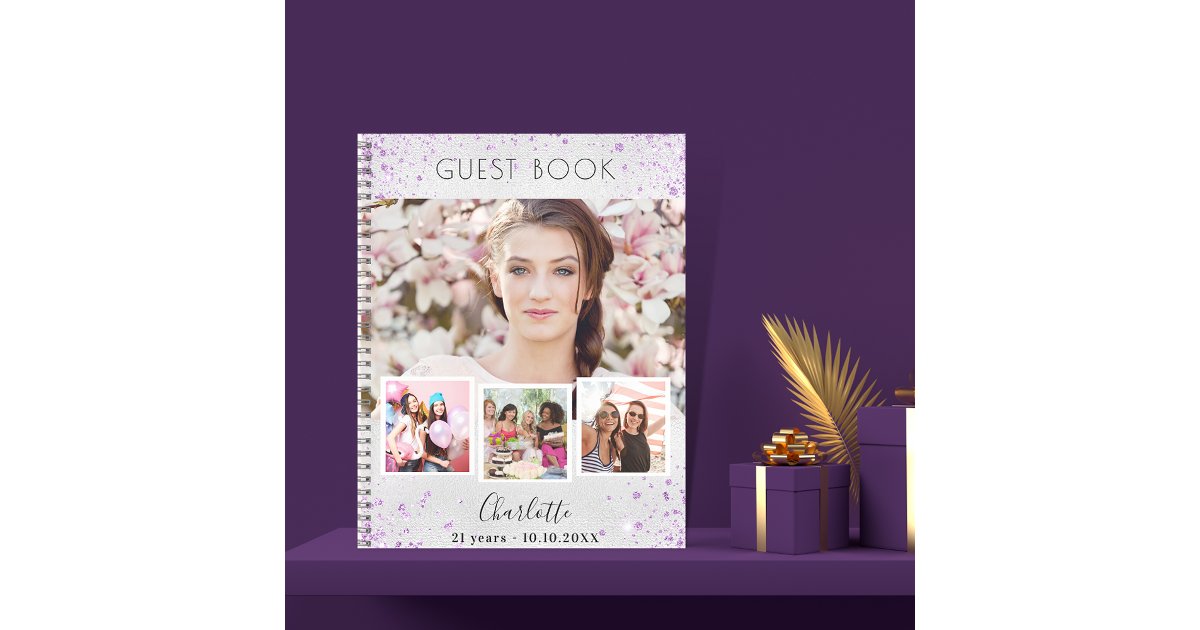 Guest book birthday silver violet photo collage | Zazzle