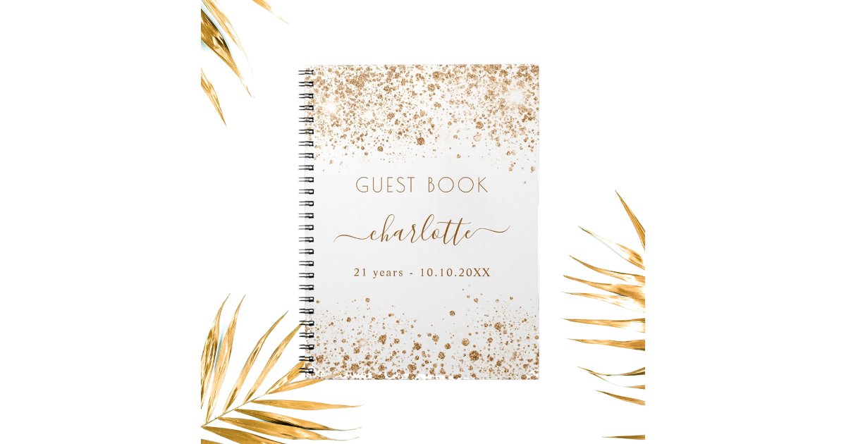 Guest book birthday white gold glitter name script | Zazzle