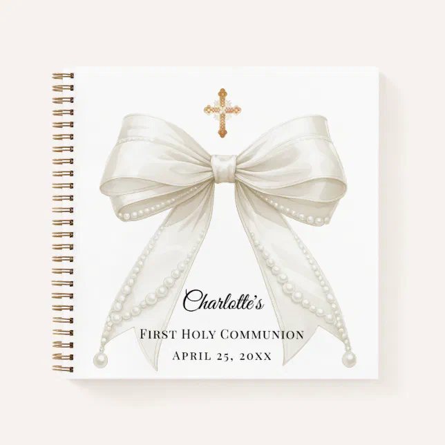 Guest book First Communion bow ivory white pearls | Zazzle