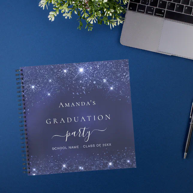 Guest book graduation navy blue glitter 2025 | Zazzle