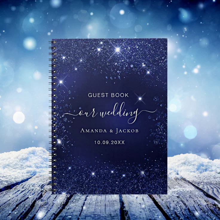 Guest book wedding navy blue glitter sparkles | Zazzle
