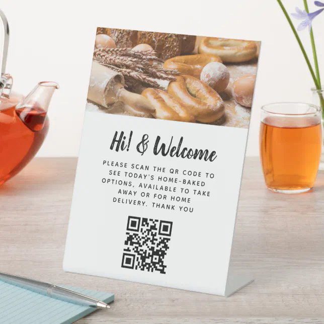 Guest contactless QR code bakery custom photo Pedestal Sign | Zazzle