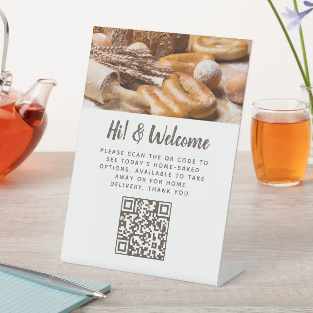 Guest contactless QR code bakery custom photo Pedestal Sign | Zazzle