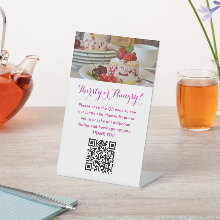 Guest contactless QR code menu custom photo Pedestal Sign | Zazzle