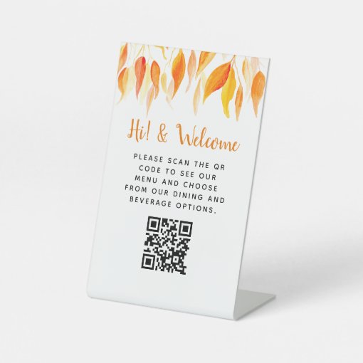 Guest contactless QR code menu fall Pedestal Sign | Zazzle