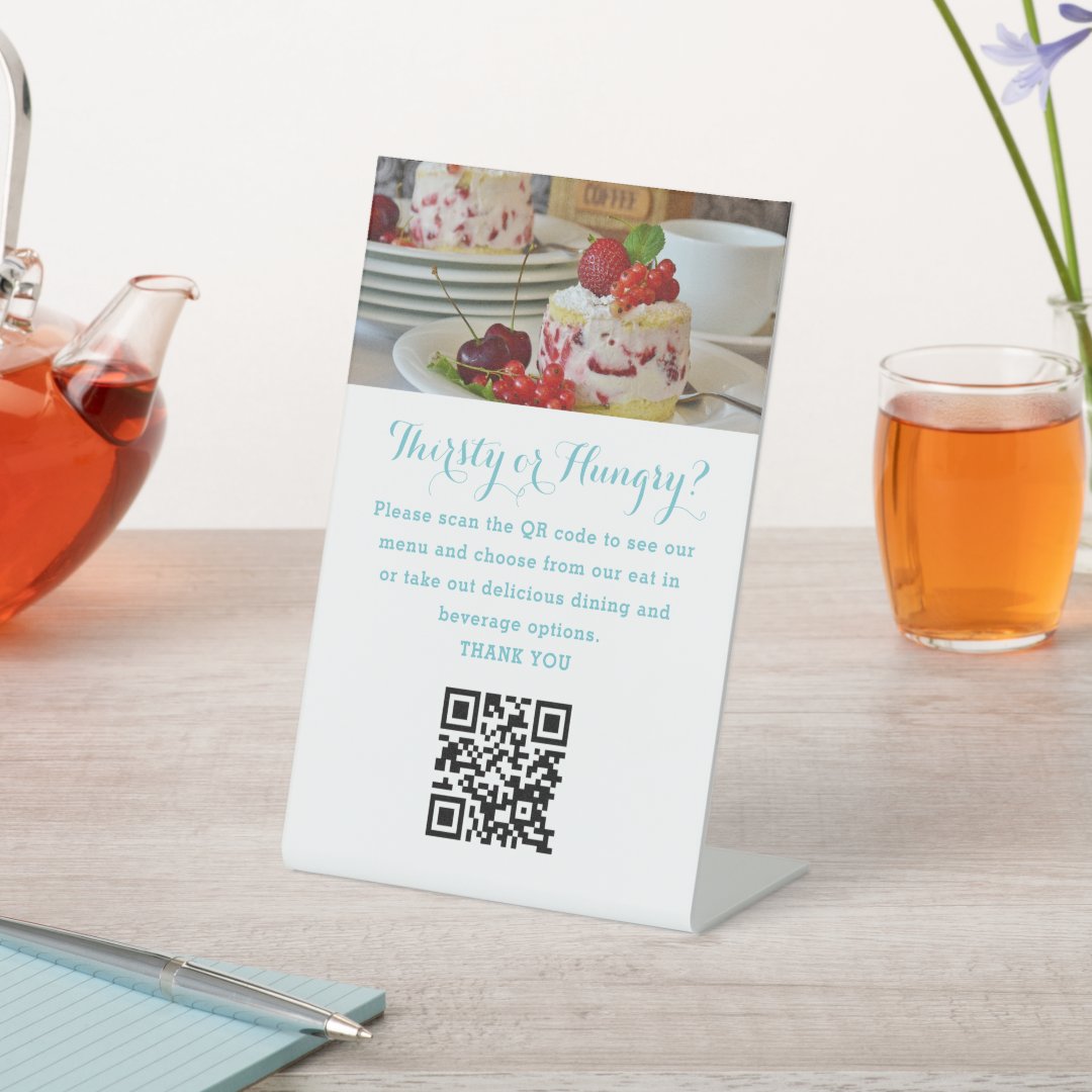 Guest contactless QR code menu photo aqua beach Pedestal Sign | Zazzle