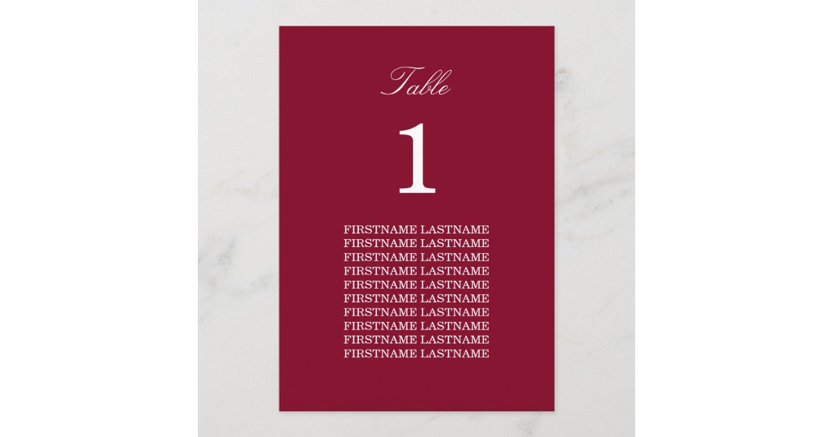 Guest Names Burgundy Red Table Card | Zazzle