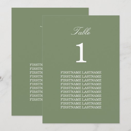 Guest Names Sage Green Table Card | Zazzle
