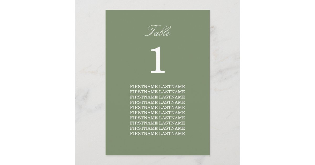 Guest Names Sage Green Table Card | Zazzle