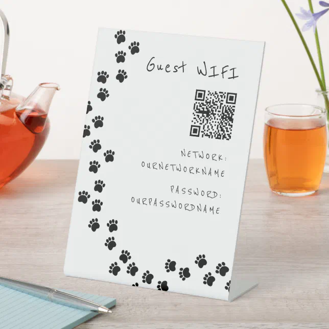 Guest wifi QR code dog paw path Pedestal Sign | Zazzle