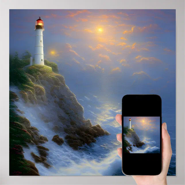 Guiding Light Cliff Lighthouse Digital Art Poster | Zazzle