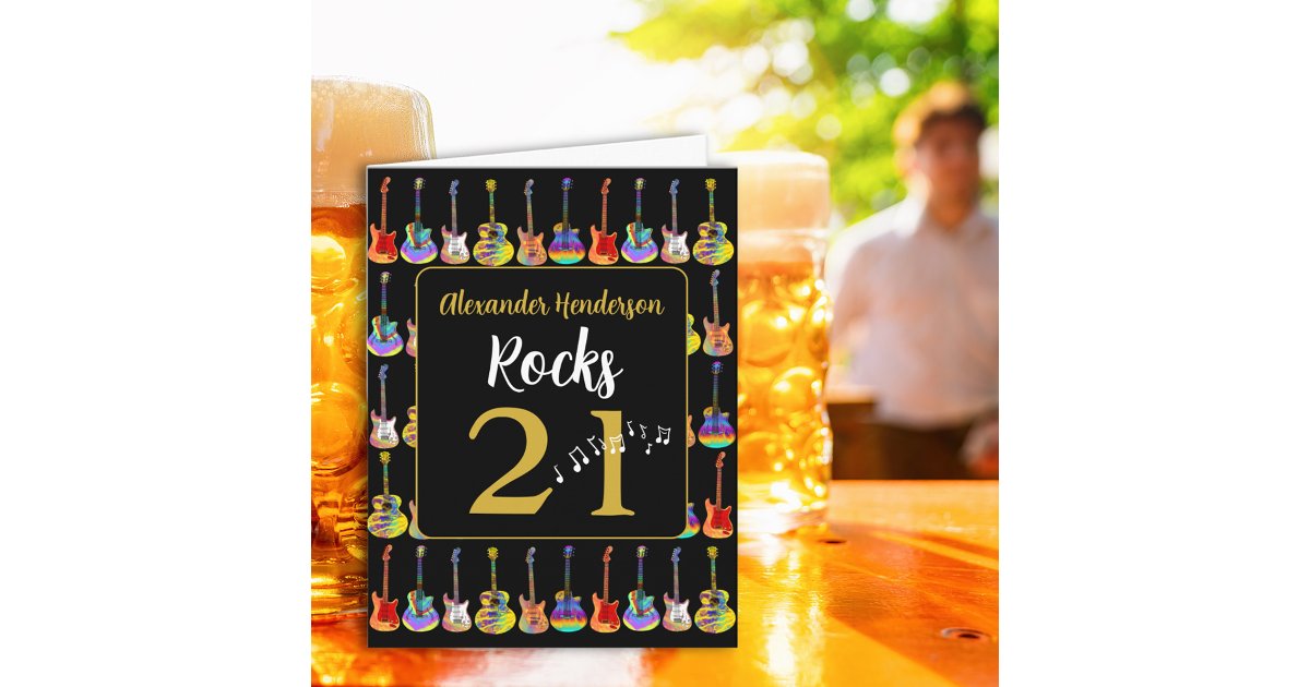 Guitar 21st Birthday Black and Gold Card | Zazzle