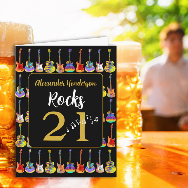 Guitar 21st Birthday Black and Gold Card | Zazzle