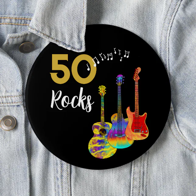 Guitar 50 Rocks 50th birthday party Button | Zazzle