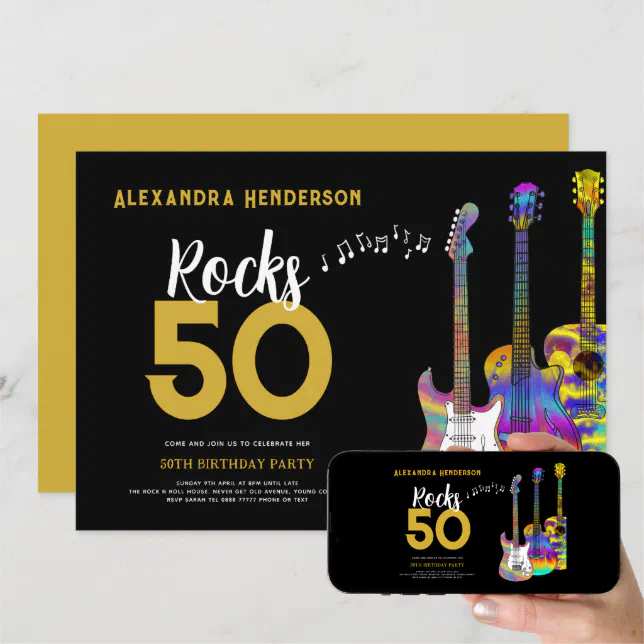 Guitar 50 rocks 50th birthday party invitation | Zazzle
