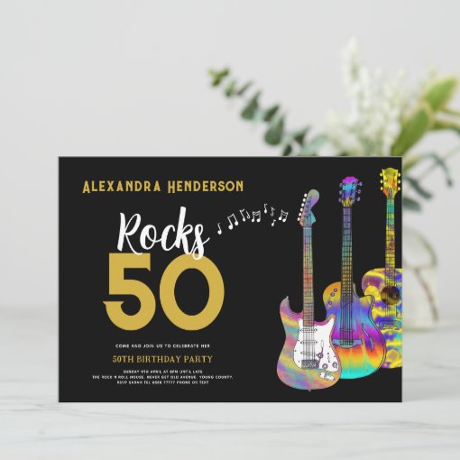 Guitar 50 rocks 50th birthday party invitation | Zazzle
