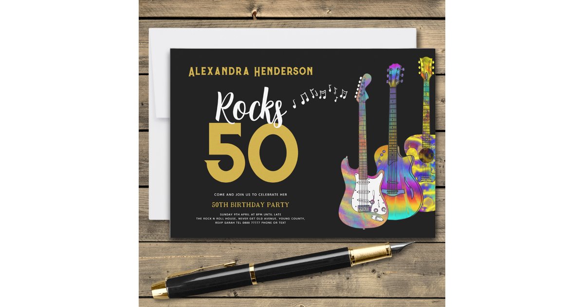 Guitar 50 rocks 50th birthday party invitation | Zazzle