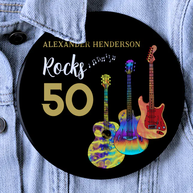 Guitar 50th Birthday Party 50 Rocks Custom Button | Zazzle