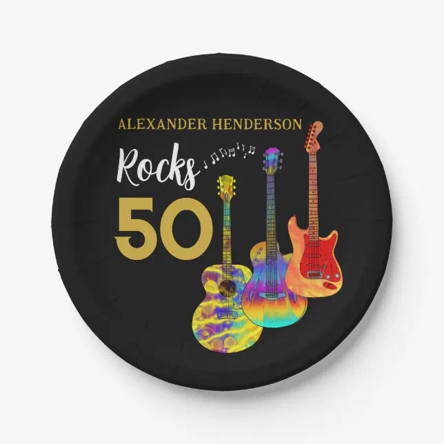 Guitar 50th birthday party 50 rocks paper plates | Zazzle