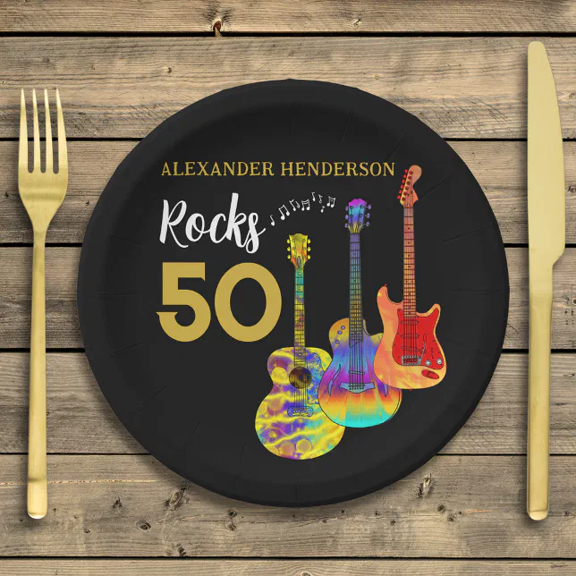 Guitar 50th birthday party 50 rocks paper plates | Zazzle