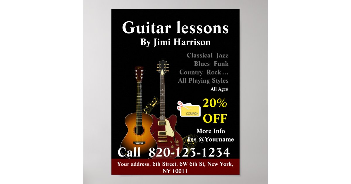 Guitar Lessons | Music School Poster Sign Black | Zazzle