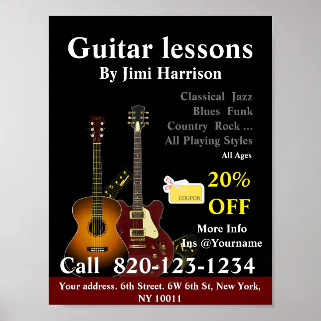 Guitar Lessons | Music School Poster Sign Black | Zazzle