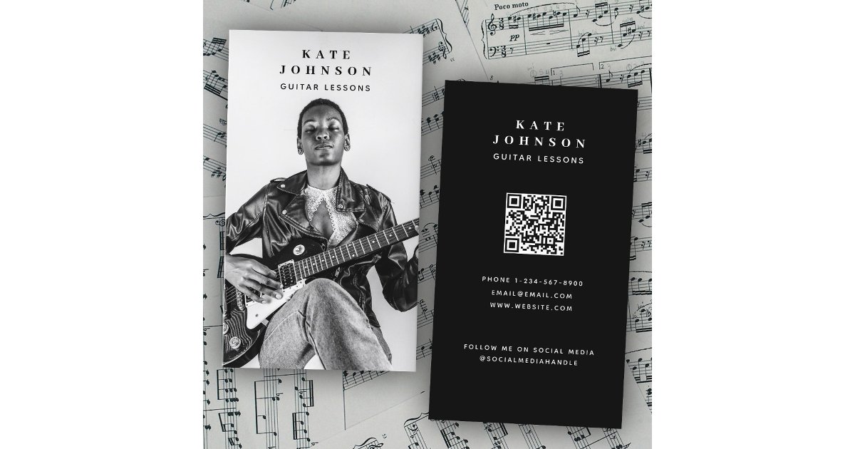 Guitar Lessons Musician Photo Social Media QR Code Business Card | Zazzle