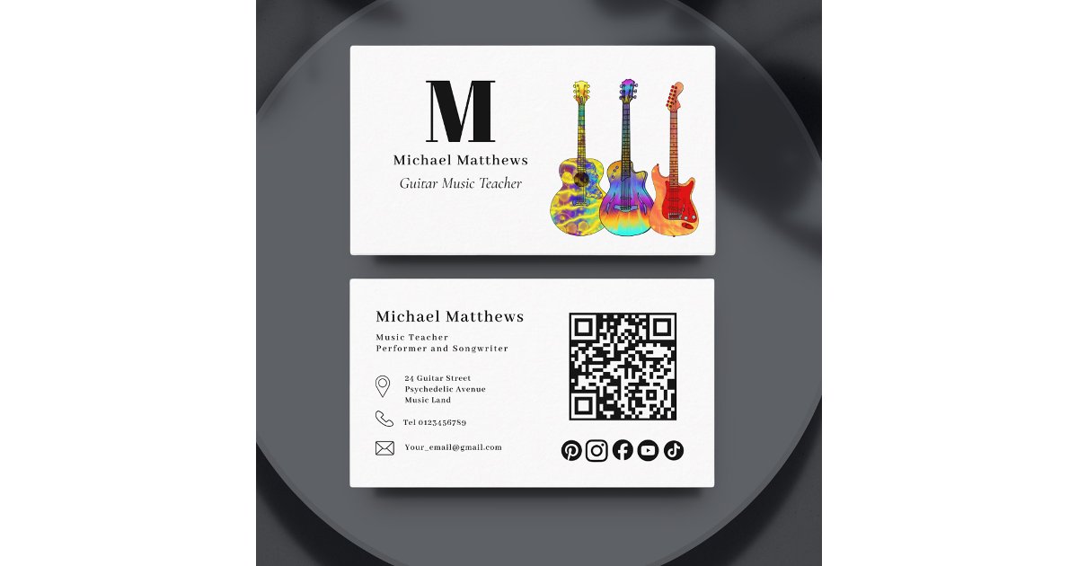 Guitar Music Teacher QR code Social Media Custom Business Card | Zazzle