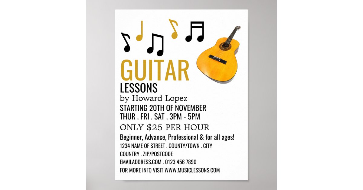 Guitar Notes, Guitar Lessons Advertising Poster | Zazzle