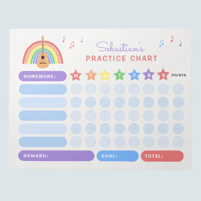 Guitar Practice Music Notes Rainbow Reward Chart | Zazzle