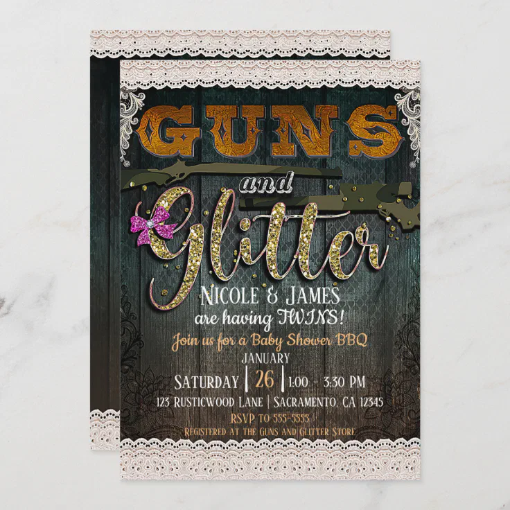 GUNS AND GLITTER Wood Lace Rustic Baby Shower Invitation | Zazzle