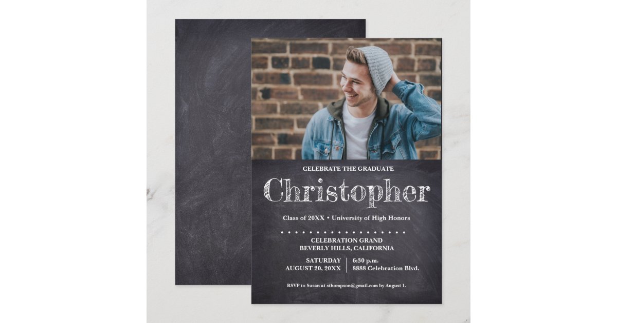 Guy Graduation Party Photo Chalkboard Invitation | Zazzle